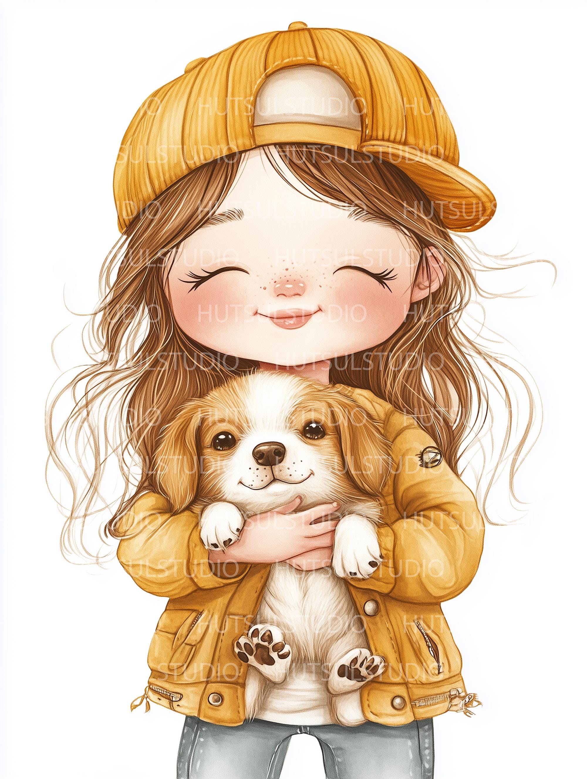 10PNG Cute Girl With Dog Clipart, Adorable Watercolor Art, Friendship ...