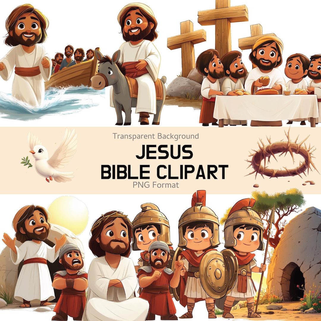 Jesus Cartoon Bible Clipart, Cute PNG Set for Kids, Christian Art for ...