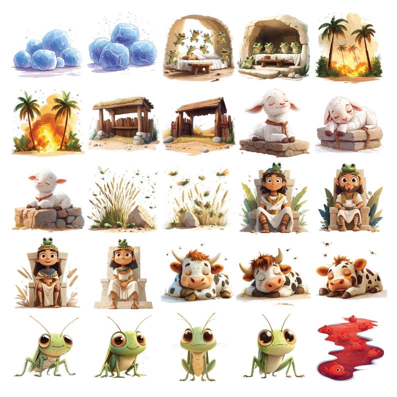 Moses & 10 Plagues Cartoon Clipart, Bible Story PNG Set for Kids ...