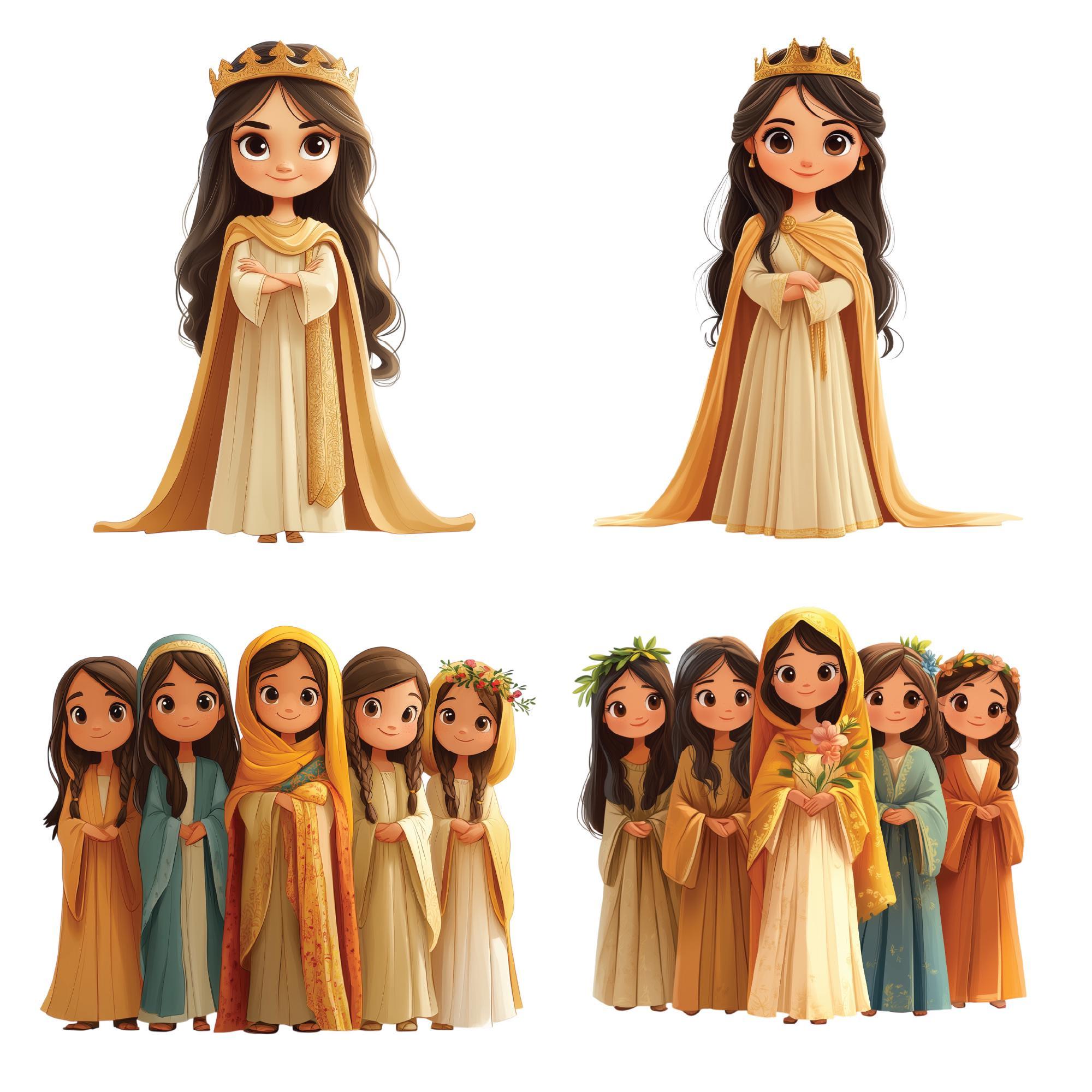 Cute Cartoon Esther Clipart PNG Set, Queen Esther Bible Story for Kids ...