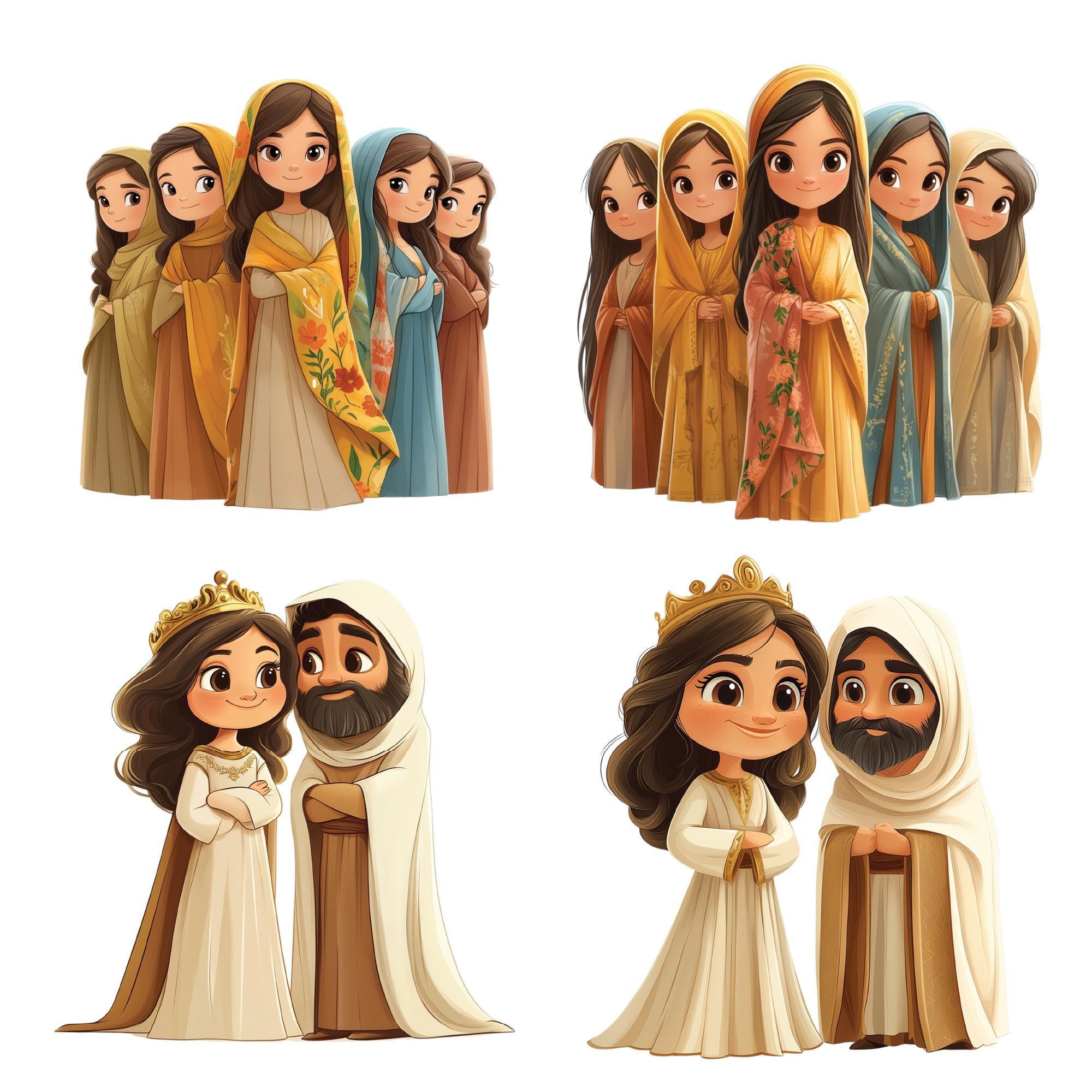 Cute Cartoon Esther Clipart PNG Set, Queen Esther Bible Story for Kids ...