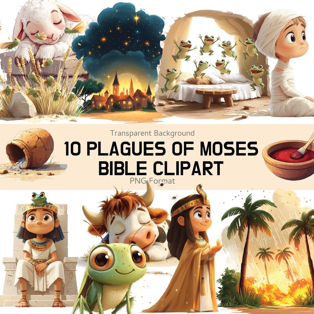 Moses & 10 Plagues Cartoon Clipart, Bible Story PNG Set for Kids ...