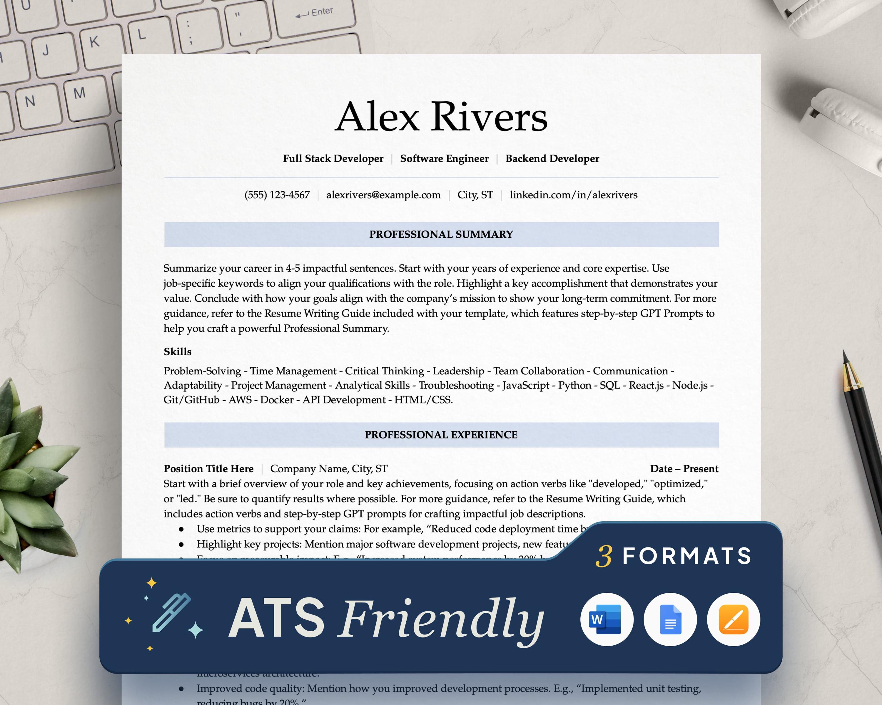 ATS Friendly Resume Template for Software Developer, Engineer, ATS ...