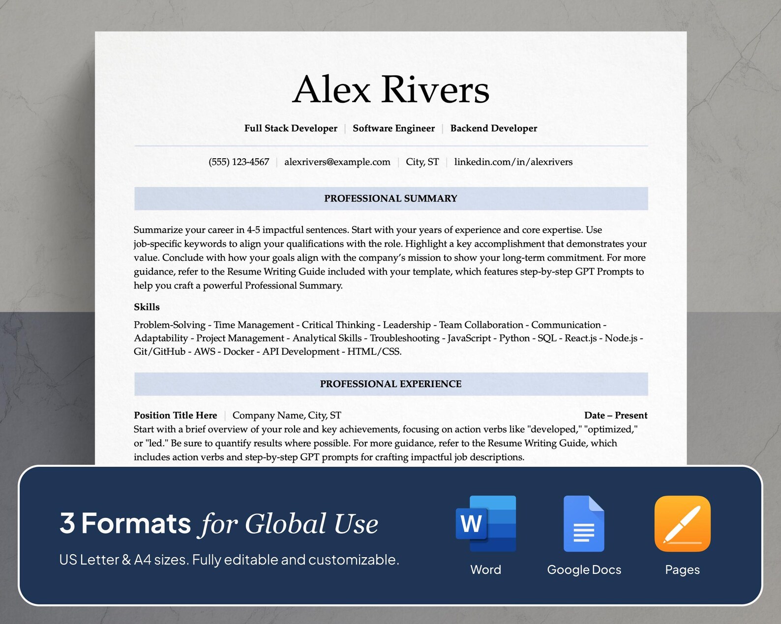 ATS Friendly Resume Template for Software Developer, Engineer, ATS ...