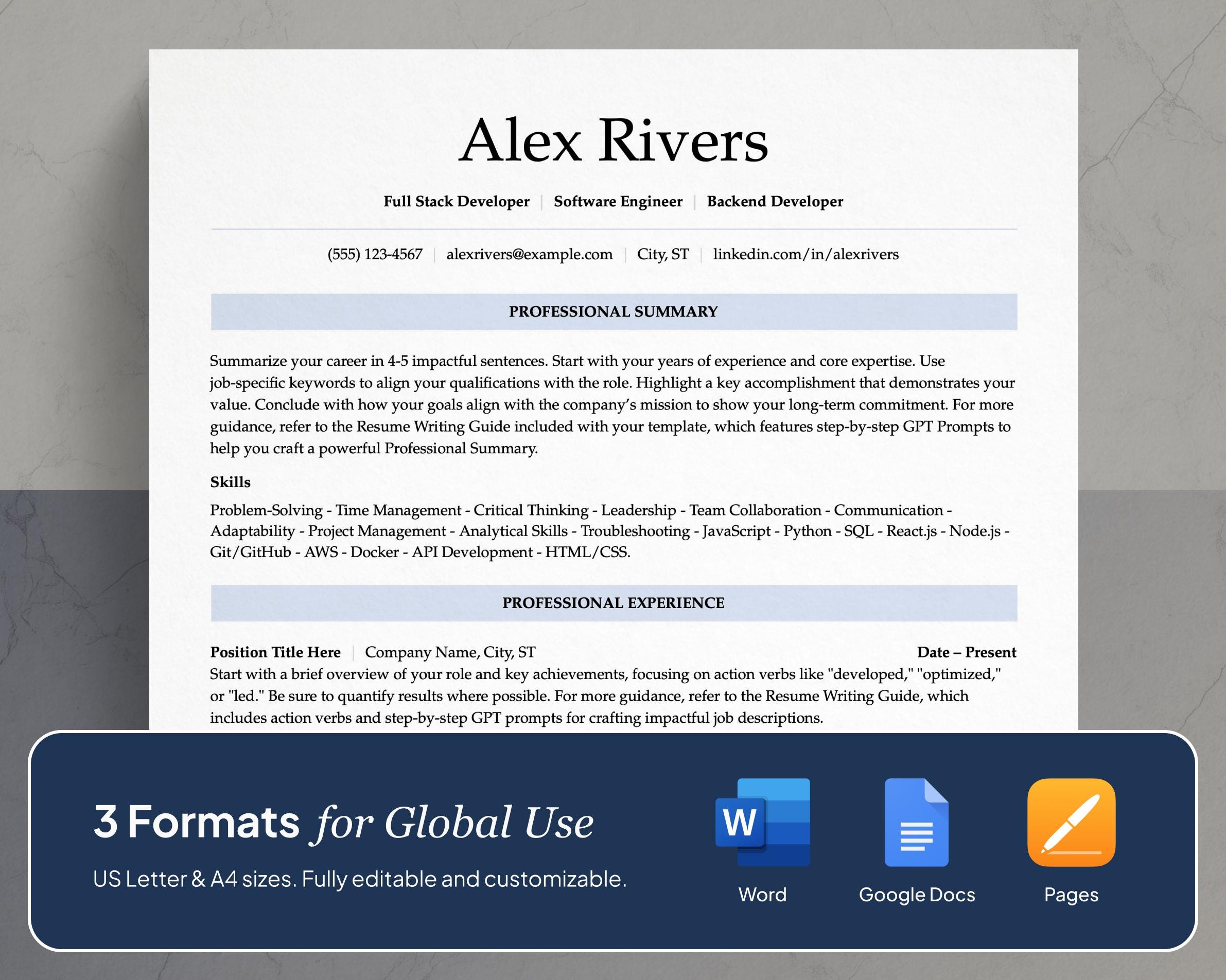 ATS Friendly Resume Template for Software Developer, Engineer, ATS ...