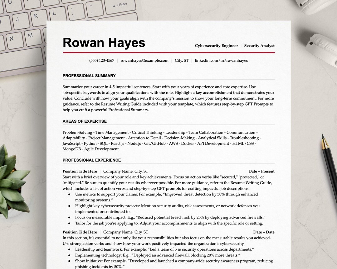 Professional Resume Template for Cybersecurity Engineer, Security Analyst | Google Docs, Word ...