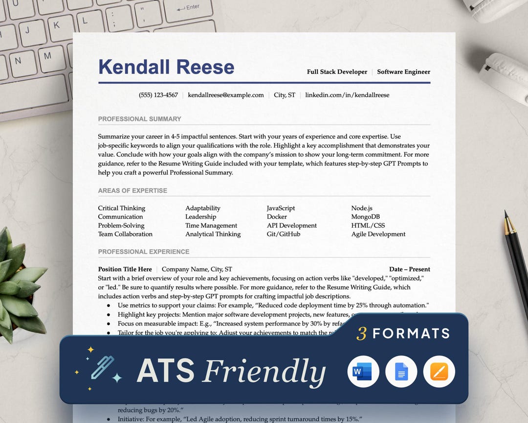 Software Developer ATS Friendly Resume Template for Google Docs, Word ...