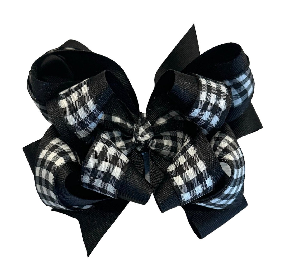 Gingham Checks Hair Bow, Girls Big Hair Bows, Layered Hairbows, Black ...