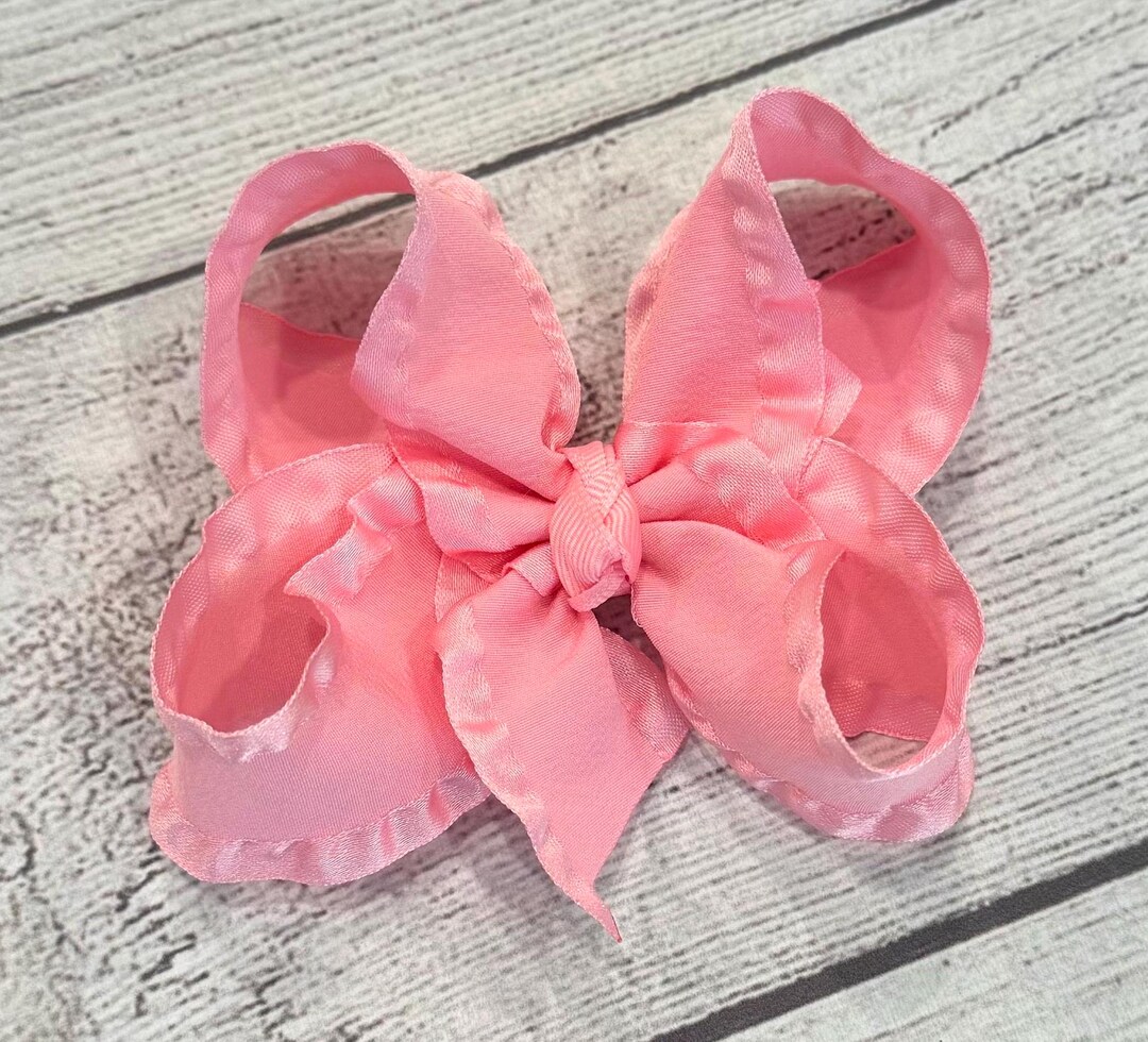 Pink Double Ruffle Hair Bow, Satin Edge Ruffle Ribbon Hairbow, Baby ...