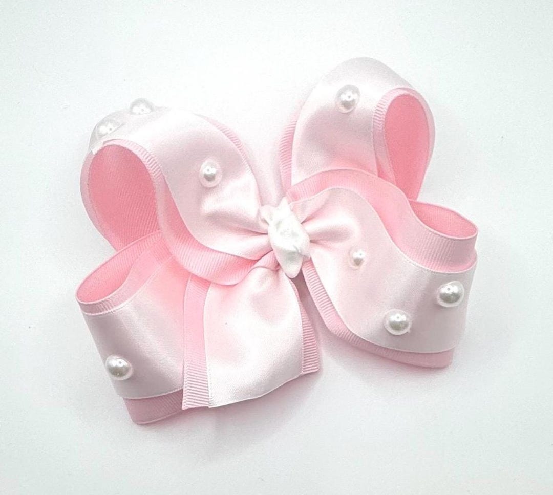 Pink Satin Bow With Pearls, Girls Large White Southern Bow, Coquette ...