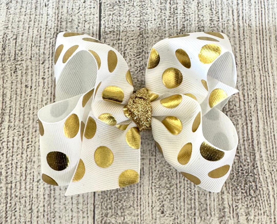 Gold Hair Bow, White Bow, Girls 4 Inch Bows, Foil Dot Hair Bow for Baby ...