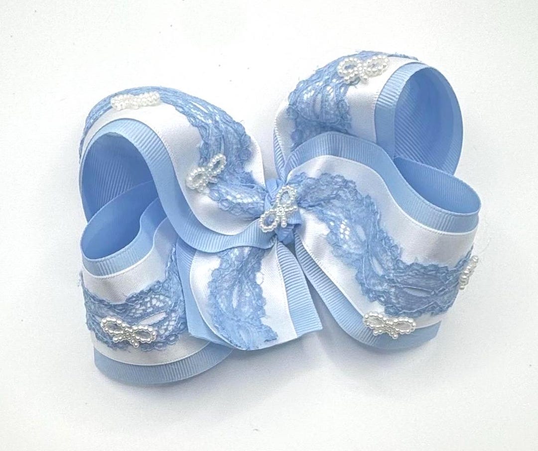 Dusty Blue Lace Bow, Coquette Bows, Bows With Lace and Pearls, Big Bow ...