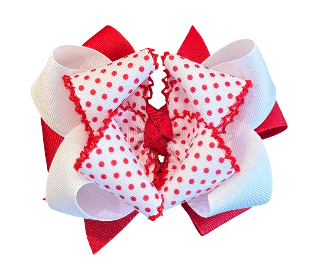 Red Swiss Dot Bow, Moon Stitched Hair Bow, Red Moonstitch Bow, Red and ...