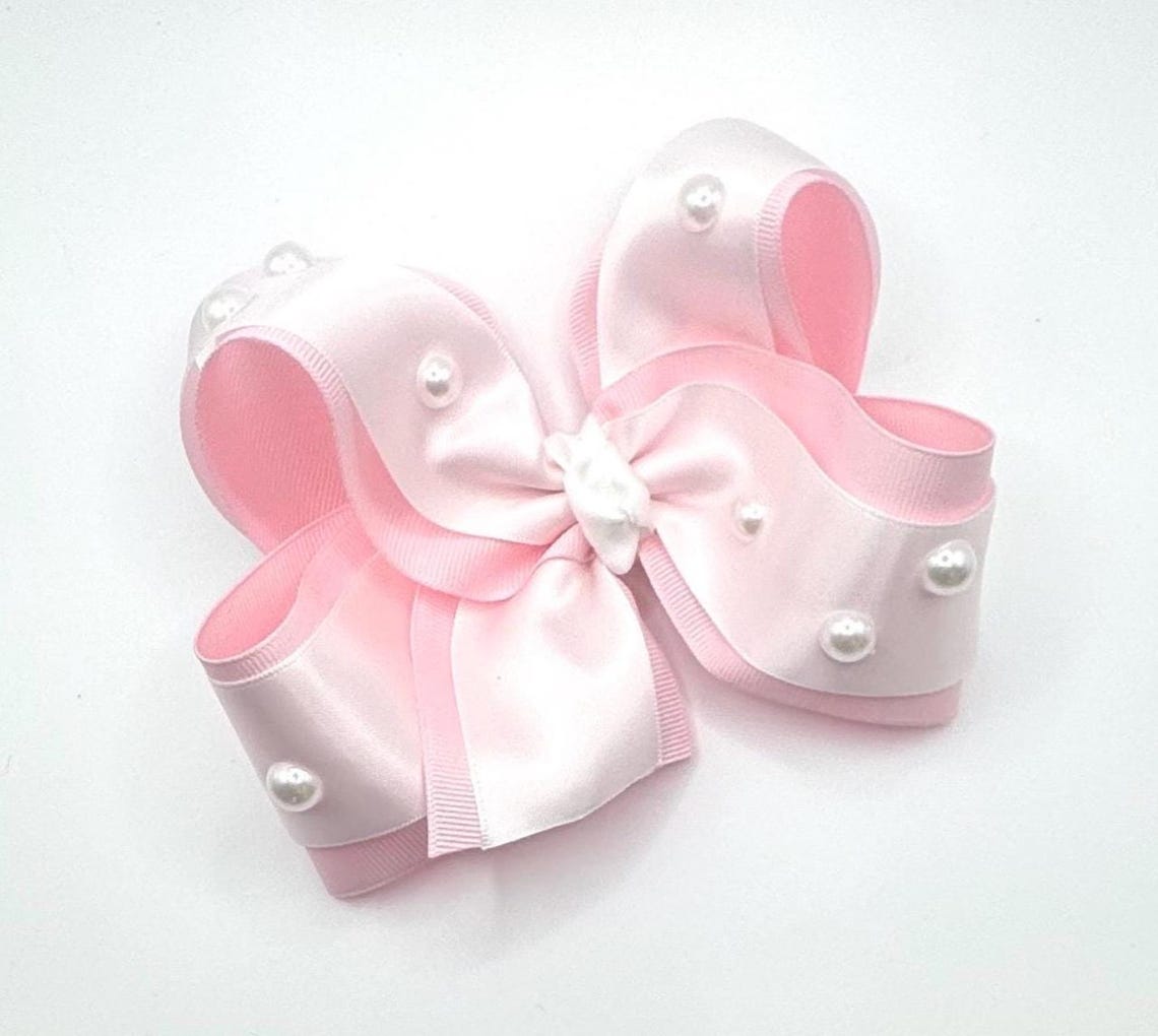 Pink Satin Bow With Pearls, Girls Large White Southern Bow, Coquette ...