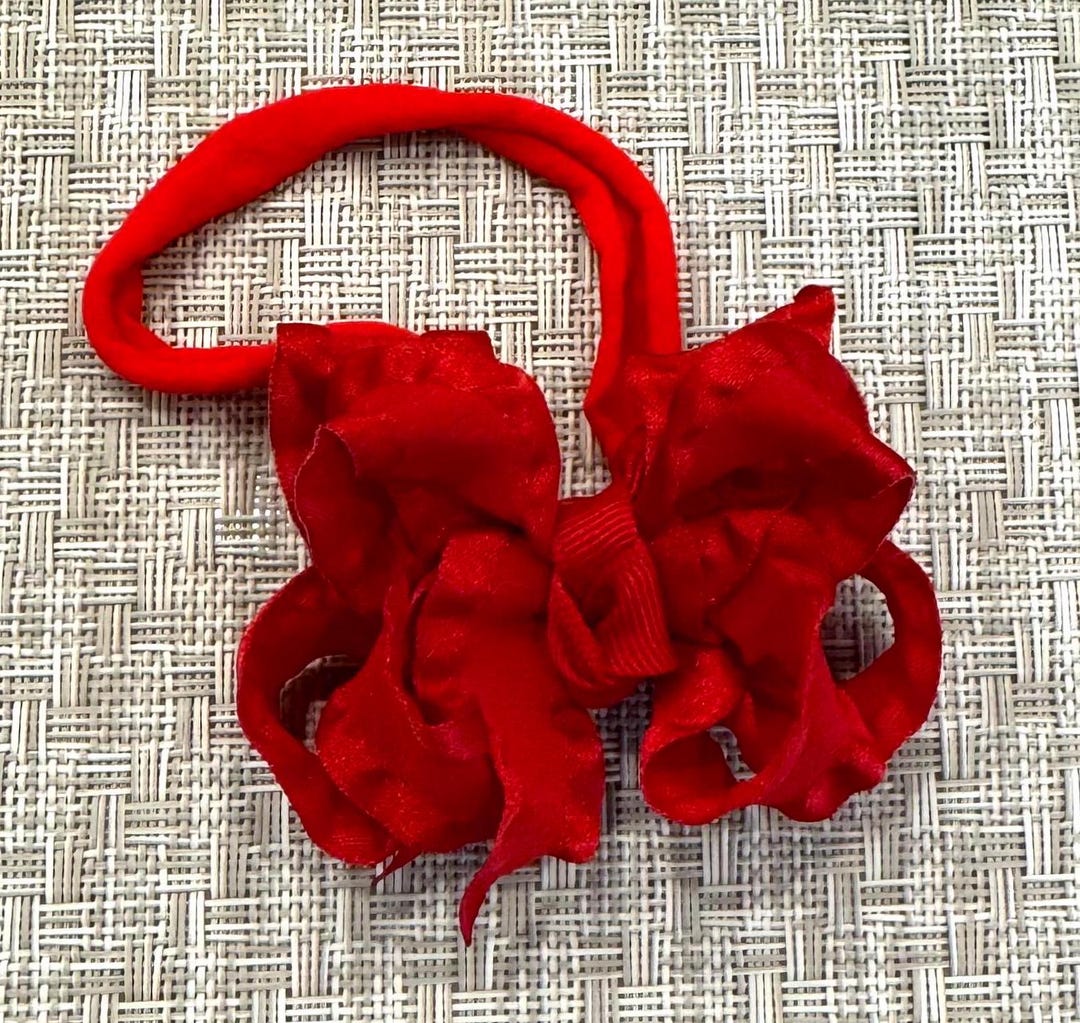 Red Double Ruffle Hair Bow, Satin Ruffle Hair Bow, Bow on Nylon Stretch ...