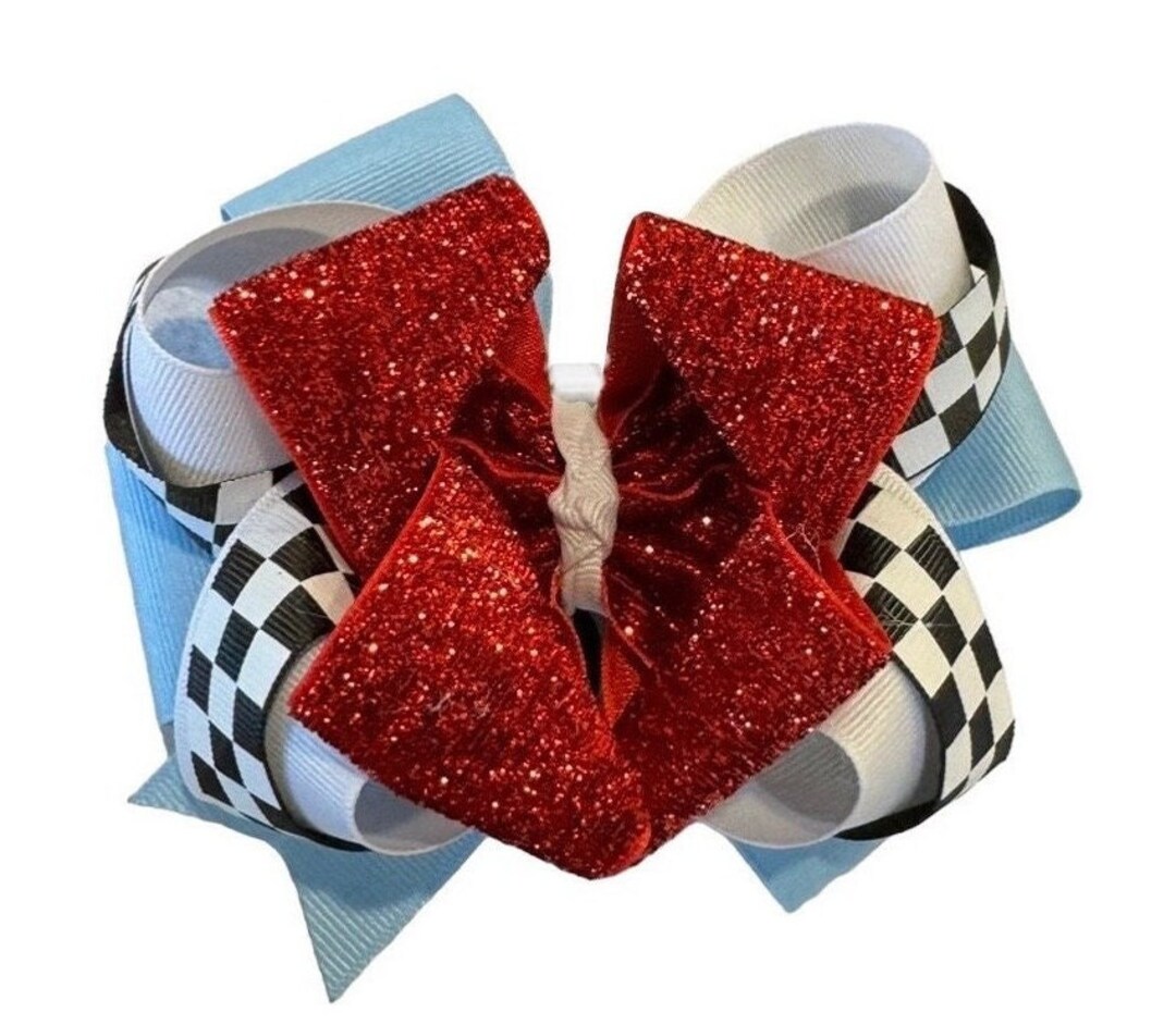 Racing Checks Hair Bow With Red Glitter, Race Car Bow, Black and White ...