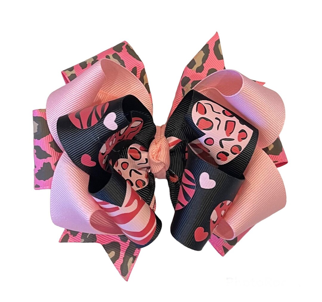 Pink Leopard Heart Bow, Cheetah Heart Hairbow, Valentines Day Bows ...