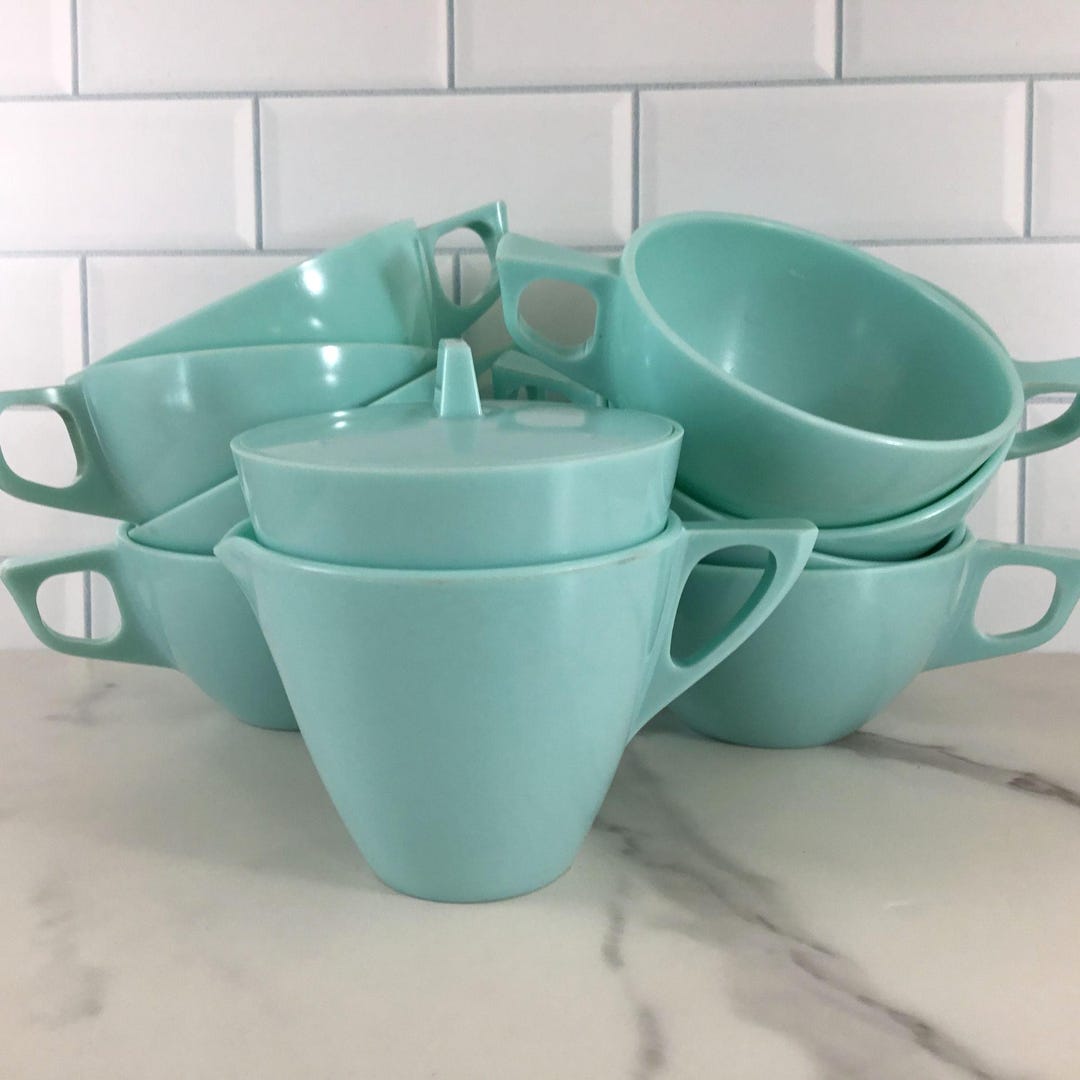 8 Coffee Cups Sun Valley Melmac Aqua Turquoise & Creamer Sugar Bowl Lid ...