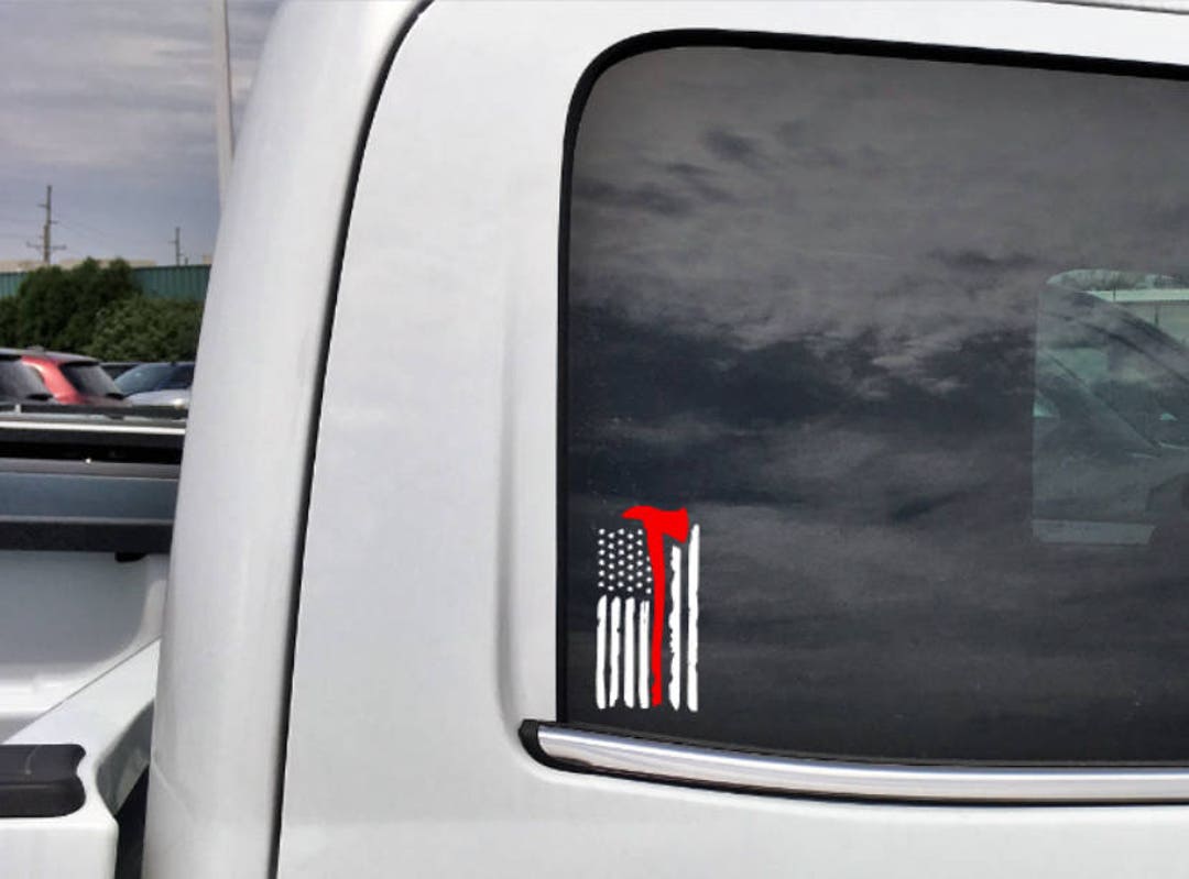 Firefighter Axe Decal, Tattered Flag Car Decal, Firefighter Window ...