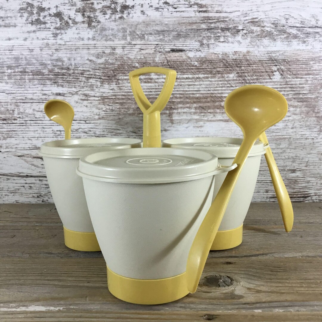 Vintage Tupperware Picnic Caddy Set Yellow White With Lids and Utensils ...