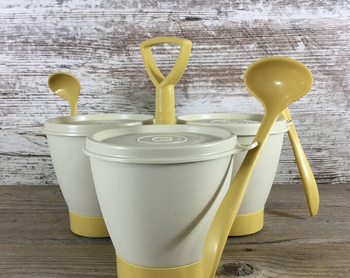 Vintage Tupperware Picnic Caddy Set Yellow White With Lids and Utensils ...