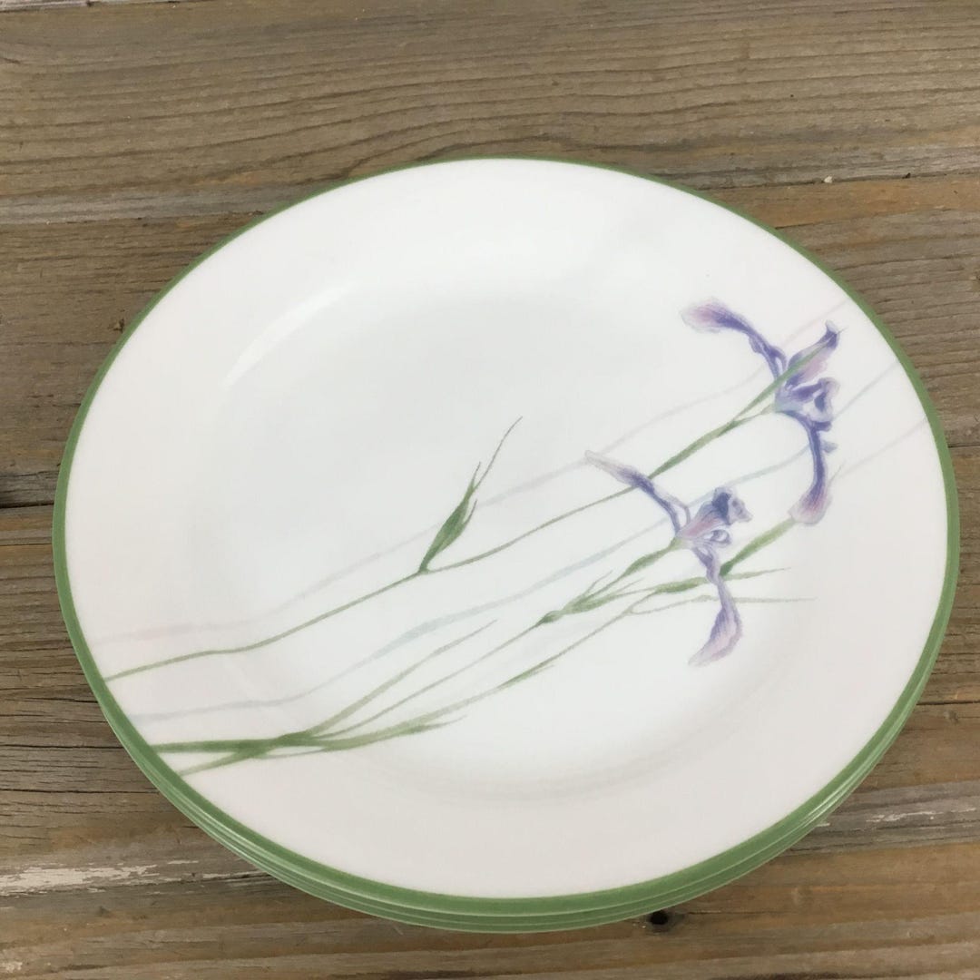Set of 4 Corelle Shadow Iris Bread Plates Purple Flowers Green Rim 7 1/ ...