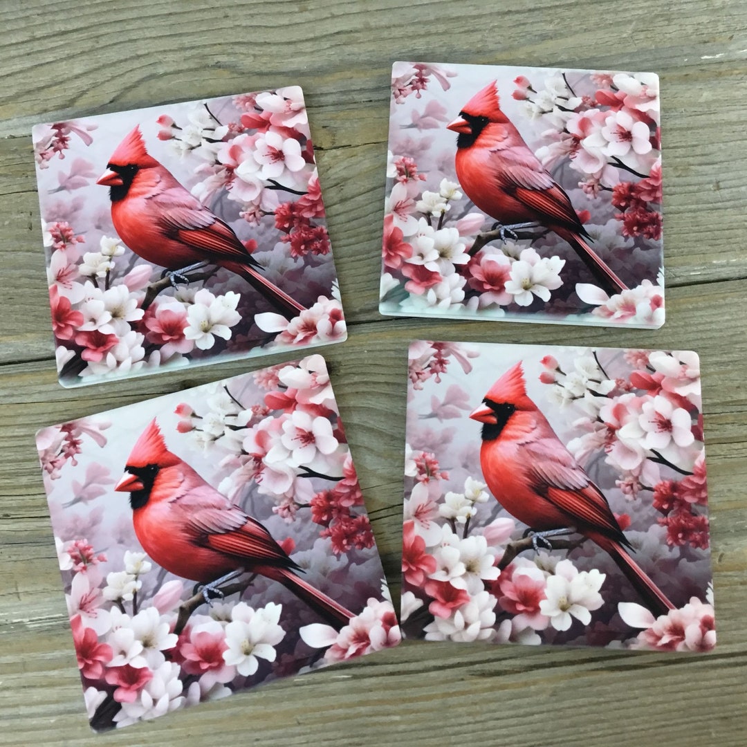 Male Cardinal and Flowers Set of 4 Sandstone Coasters - Etsy