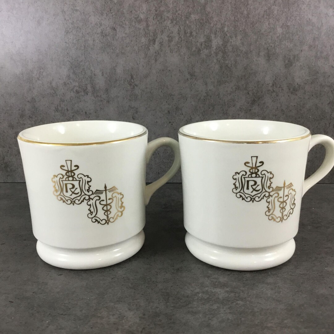 Vintage Hall Pottery Coffee Cups: RX Pharmacy Emblem, Gold Trim (set of ...