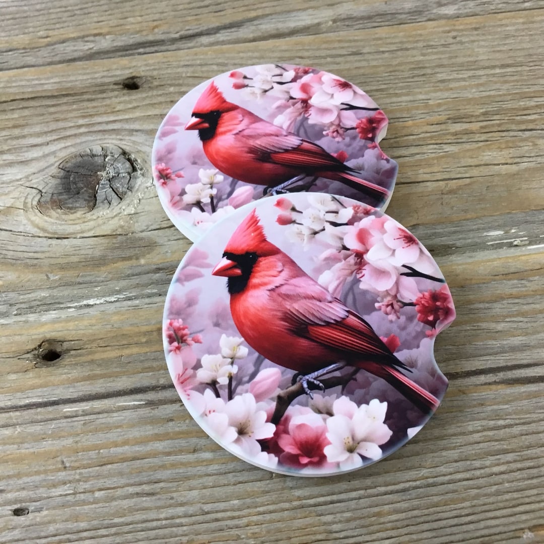 Male Cardinal With Flowers Car Coasters - Set of 2 - Etsy