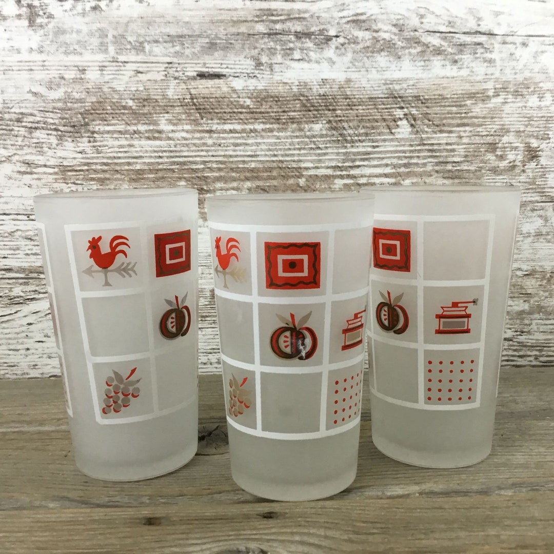 Anchor Hocking Frosted Drinking Glasses - White, Red, Gold Rooster ...