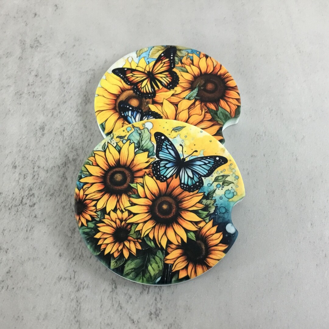 Sunflowers and Butterflies Car Coasters - Set of 2 - Etsy