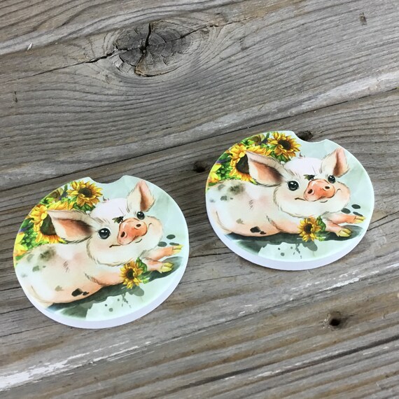 Sunflower Pig Car Coasters Set of 2 Car Coasters | Etsy