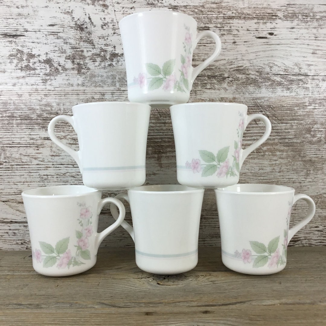Corning Corelle Veranda Coffee Cups - Pink Flowers With Green Leaves 3. ...