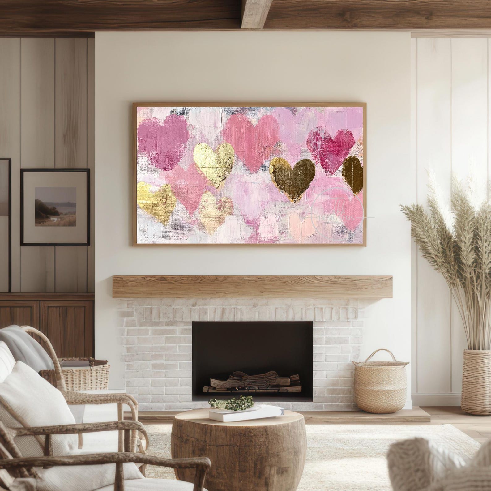 Frame Tv Art, Canvas Oil Painting of Gold Hearts, Samsung Frame Tv ...