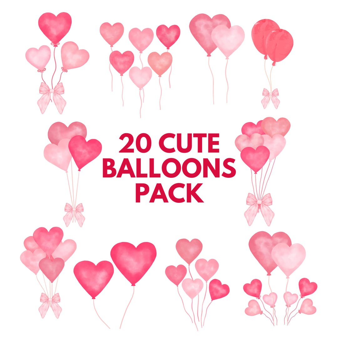 20 Valentine Day Balloons Clipart, Heart Balloons, Printable Watercolor ...