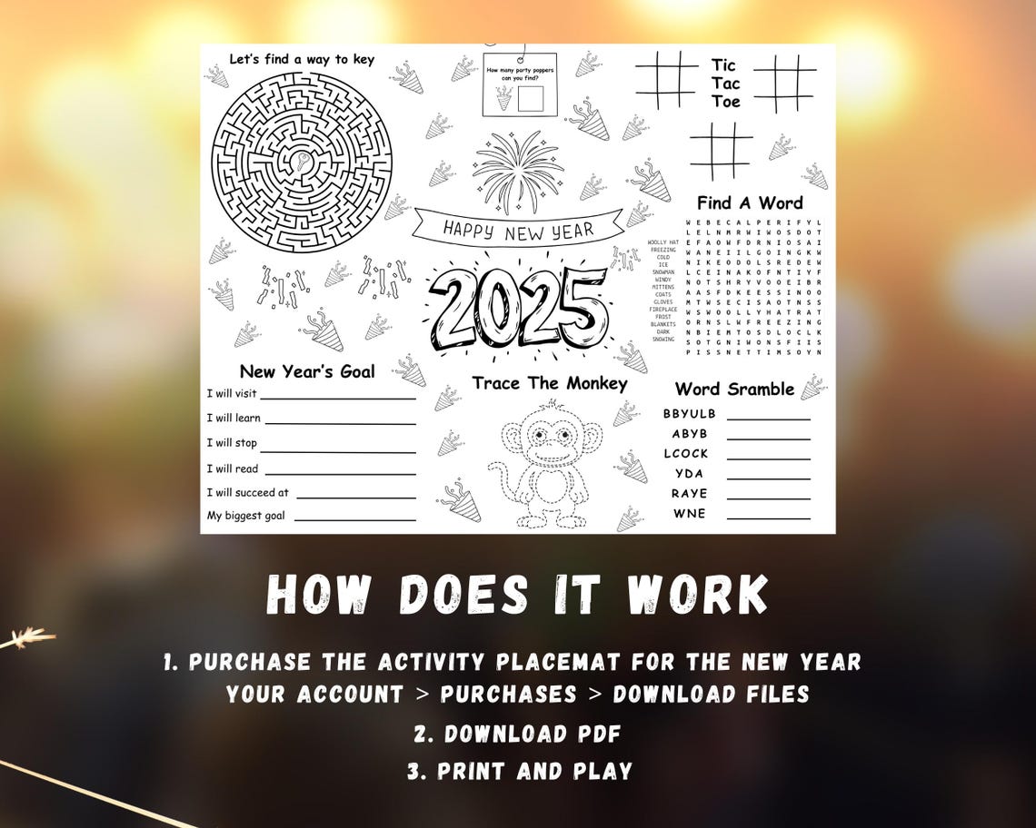 New Years 2025 Activity Placemat, New Years Coloring 2025, Kids ...
