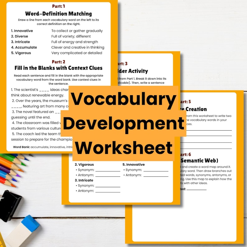 Vocabulary Development Worksheet Printable, Intermediate / ESL ...