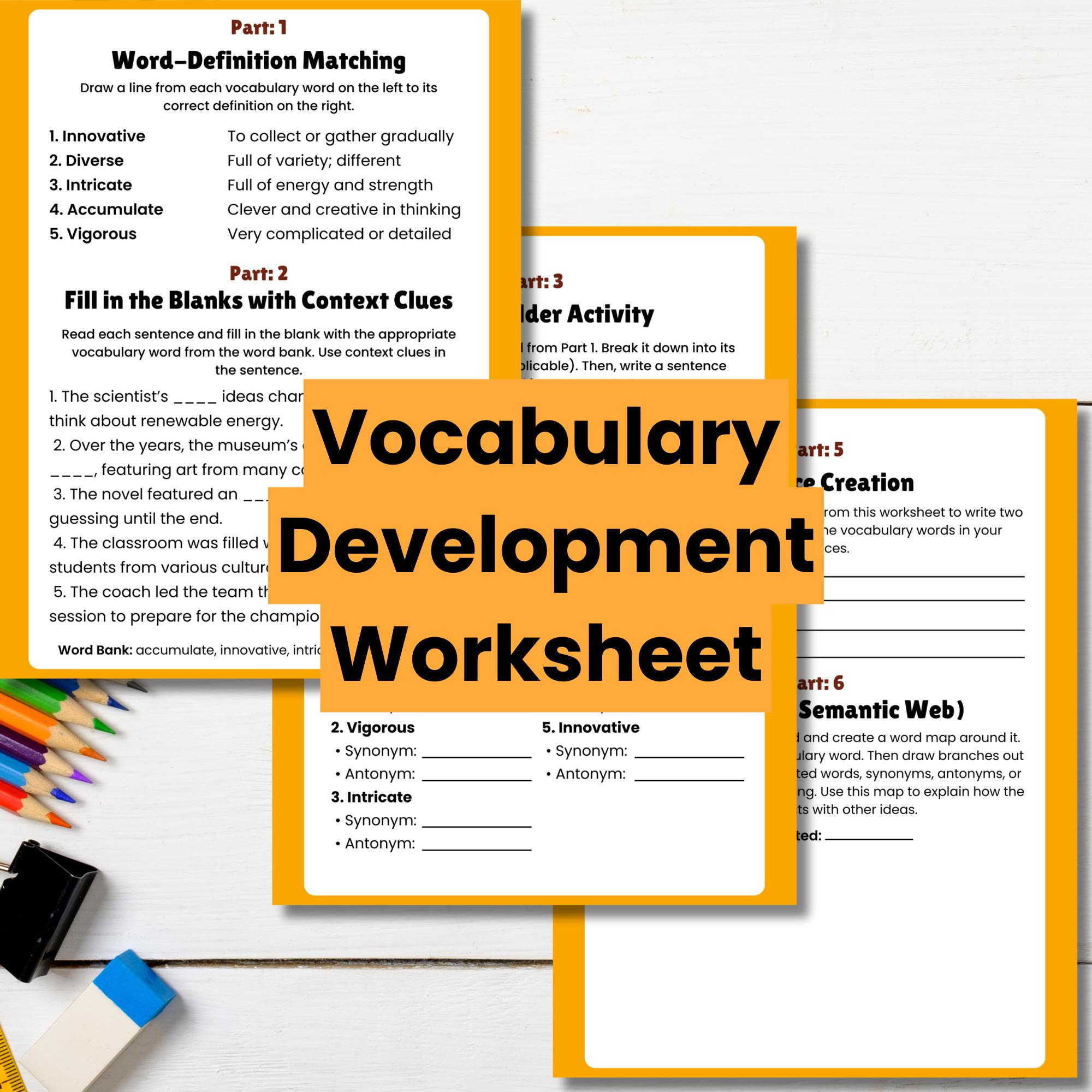 Vocabulary Development Worksheet Printable, Intermediate / ESL ...
