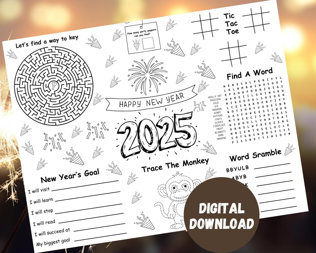 New Years 2025 Activity Placemat, New Years Coloring 2025, Kids ...