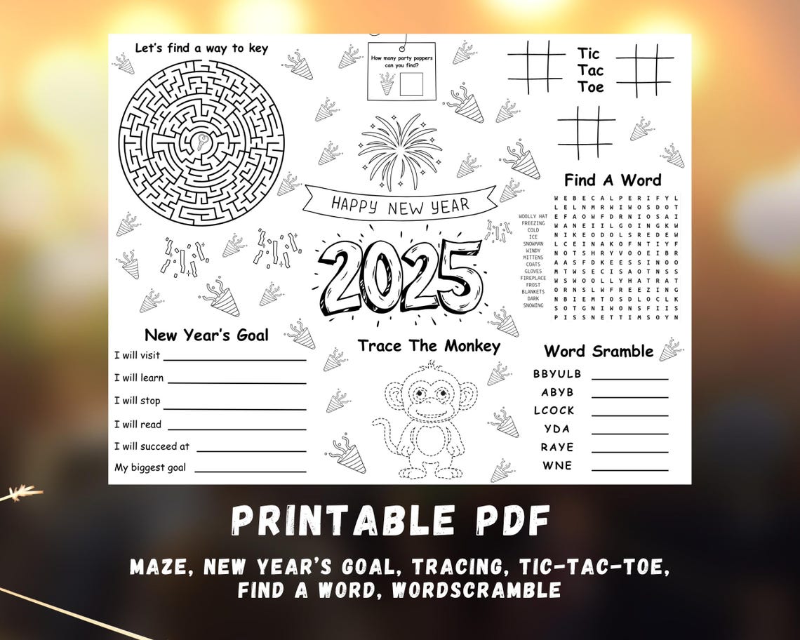 New Years 2025 Activity Placemat, New Years Coloring 2025, Kids ...