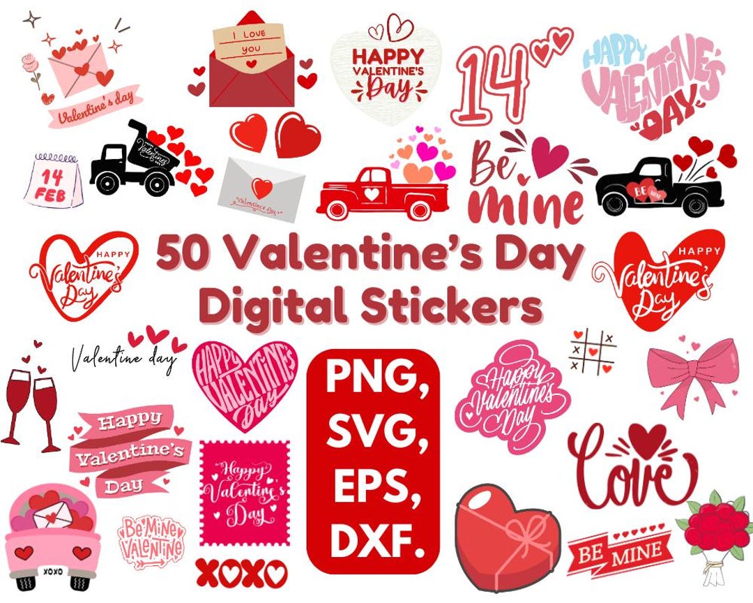 50 Valentine's Day Stickers, Valentine PNG, SVG, EPS Sticker Bundle ...