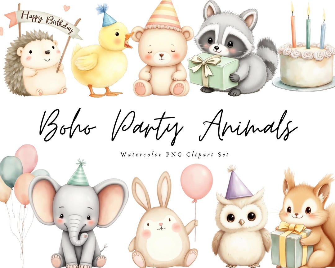 Woodland Animals Birthday Clipart, Cute Safari Party PNG, Boho Forest ...