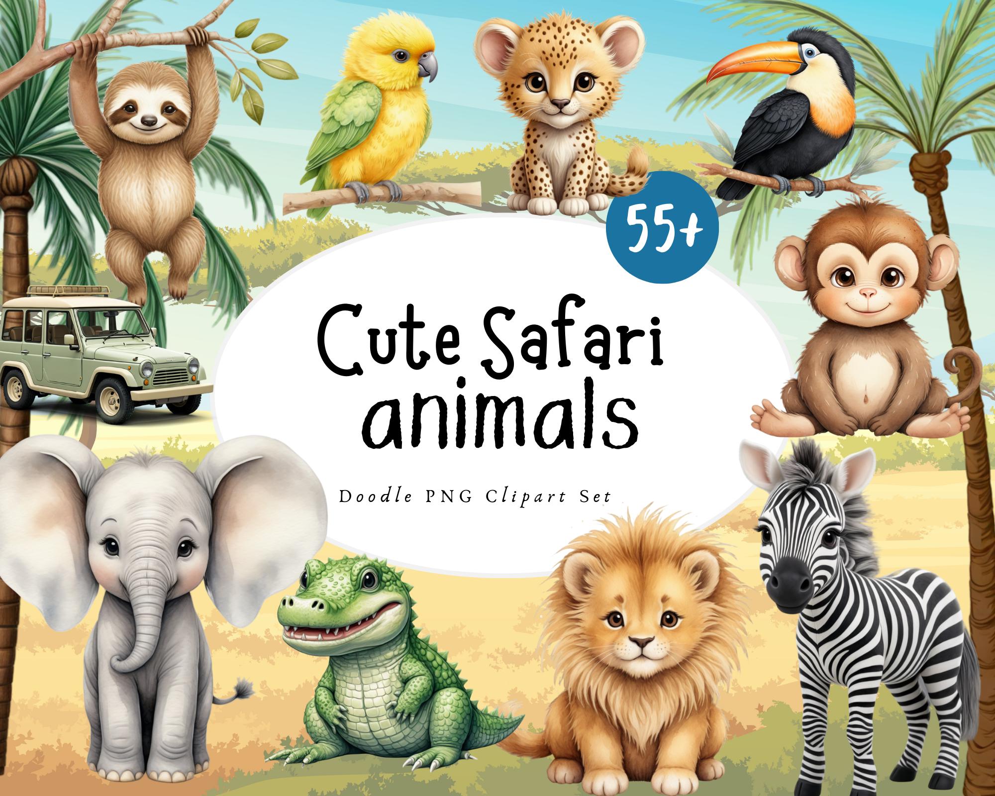 Safari Animals Watercolor Clipart, Cute Jungle Baby Animals Clipart PNG ...