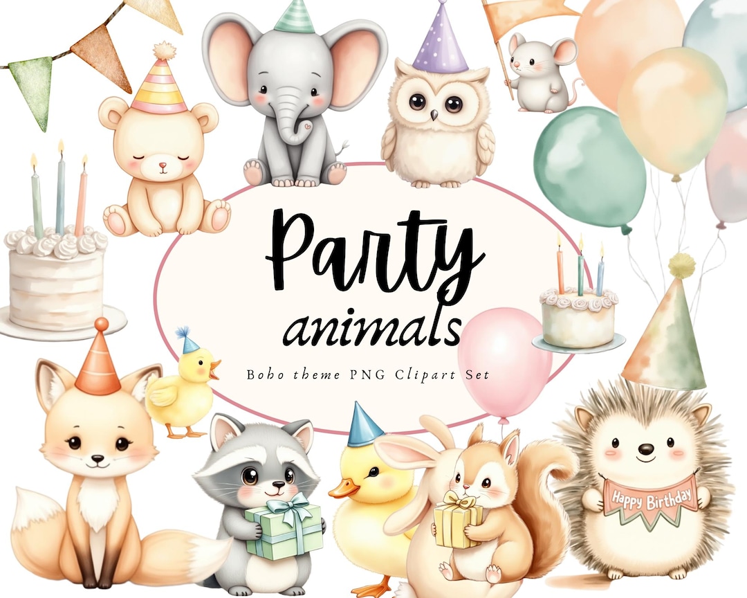 Woodland Animals Birthday Clipart, Cute Safari Party PNG, Boho Forest ...
