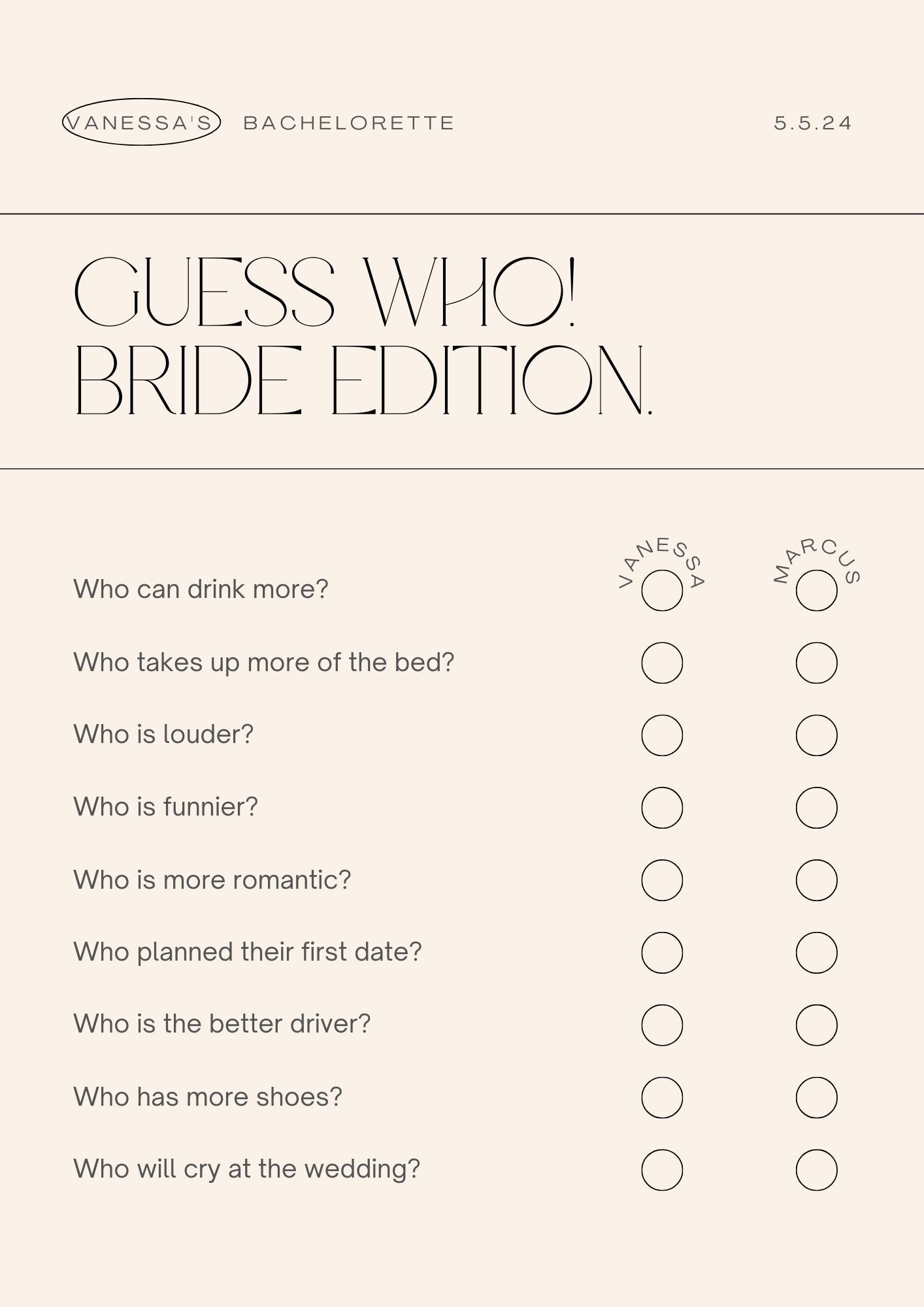 Editable Bachelorette Game - Trivia - Bride Vs. Groom: EDITION - Etsy