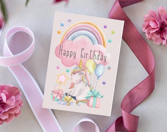 Happy Birthday Unicorn Card, Printable Unicorn Greeting Card, Girls ...