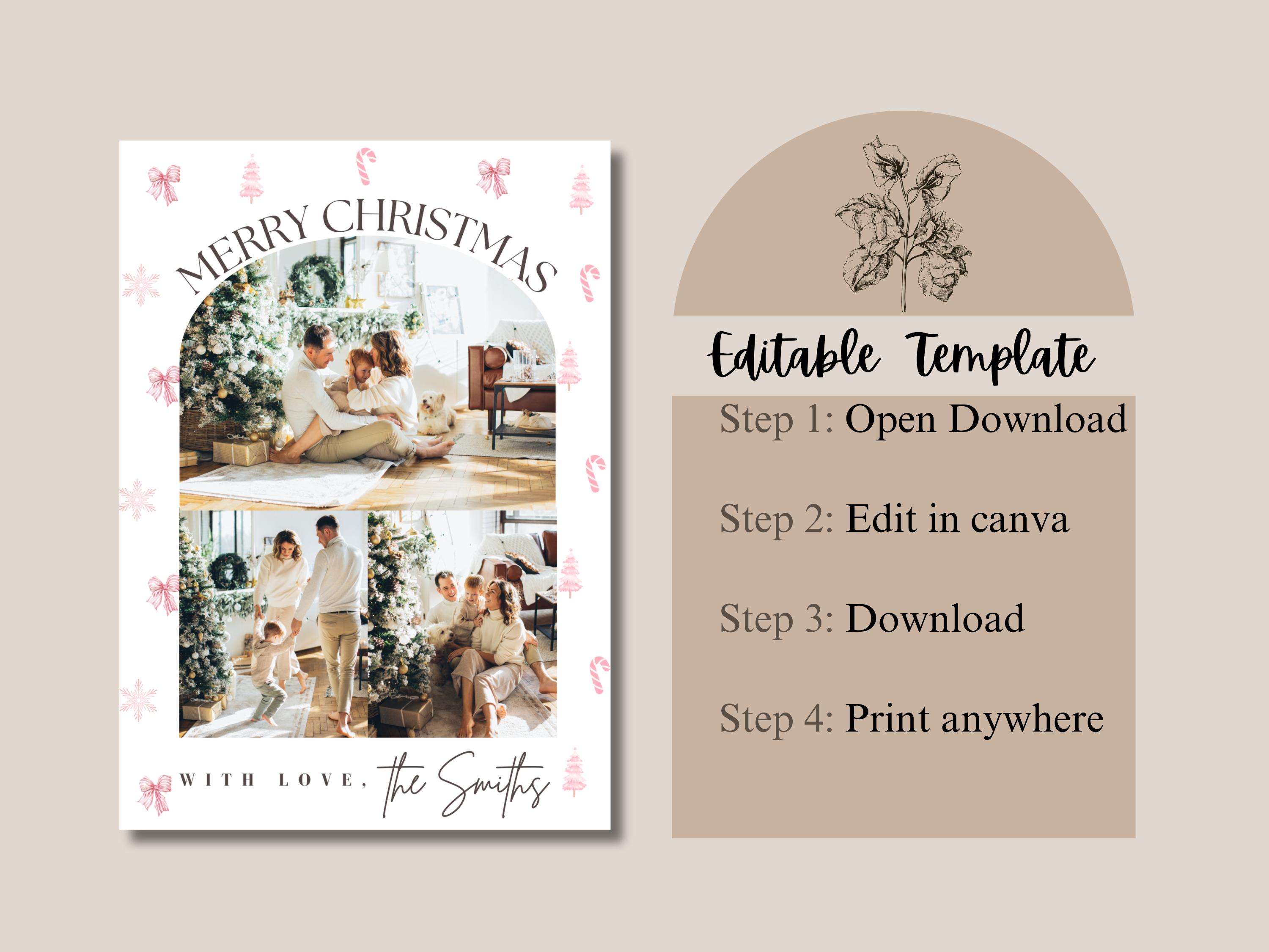 Editable Canva Template Christmas Card Template Pink Bow Holiday Card ...