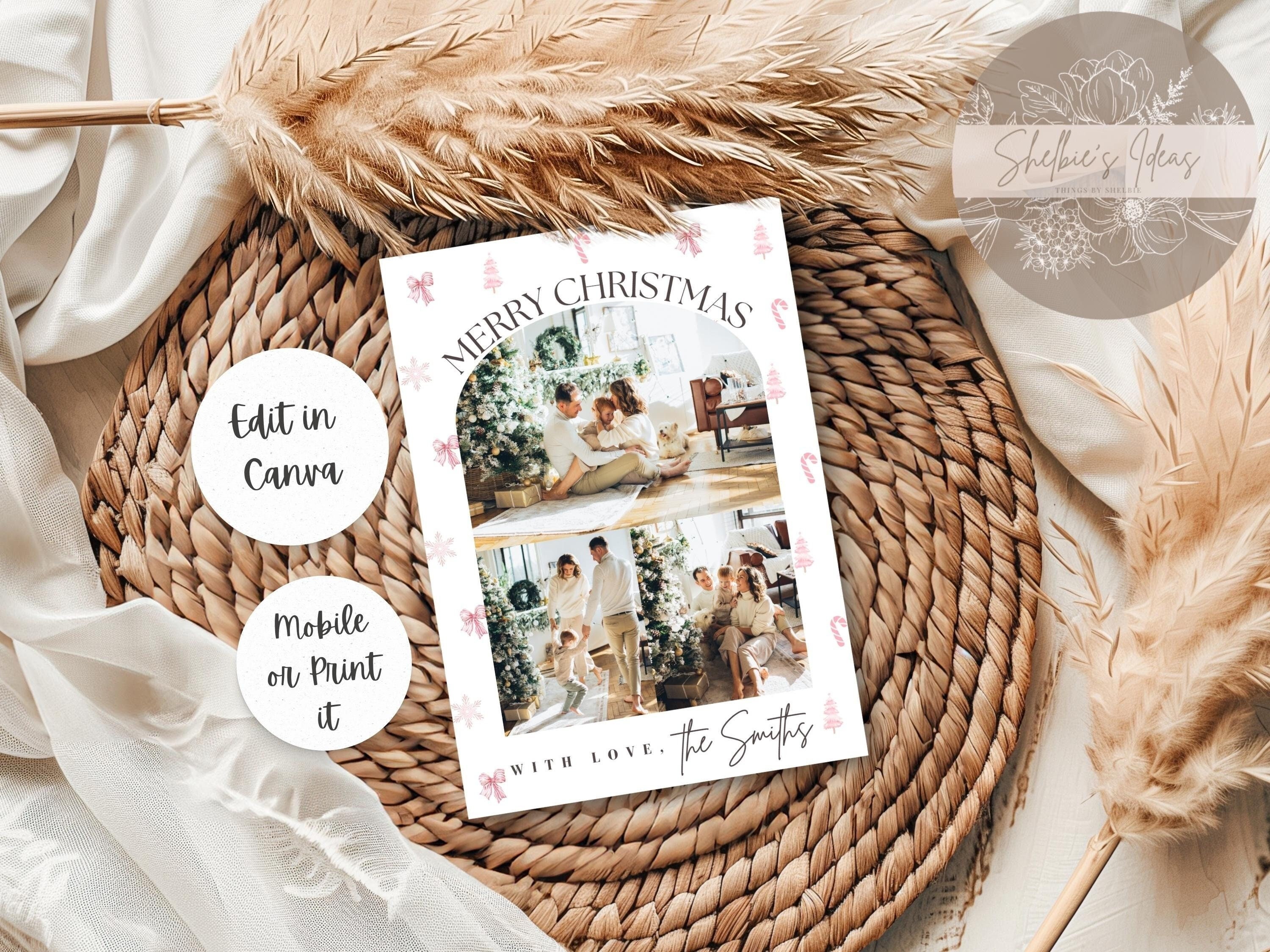 Editable Canva Template Christmas Card Template Pink Bow Holiday Card ...