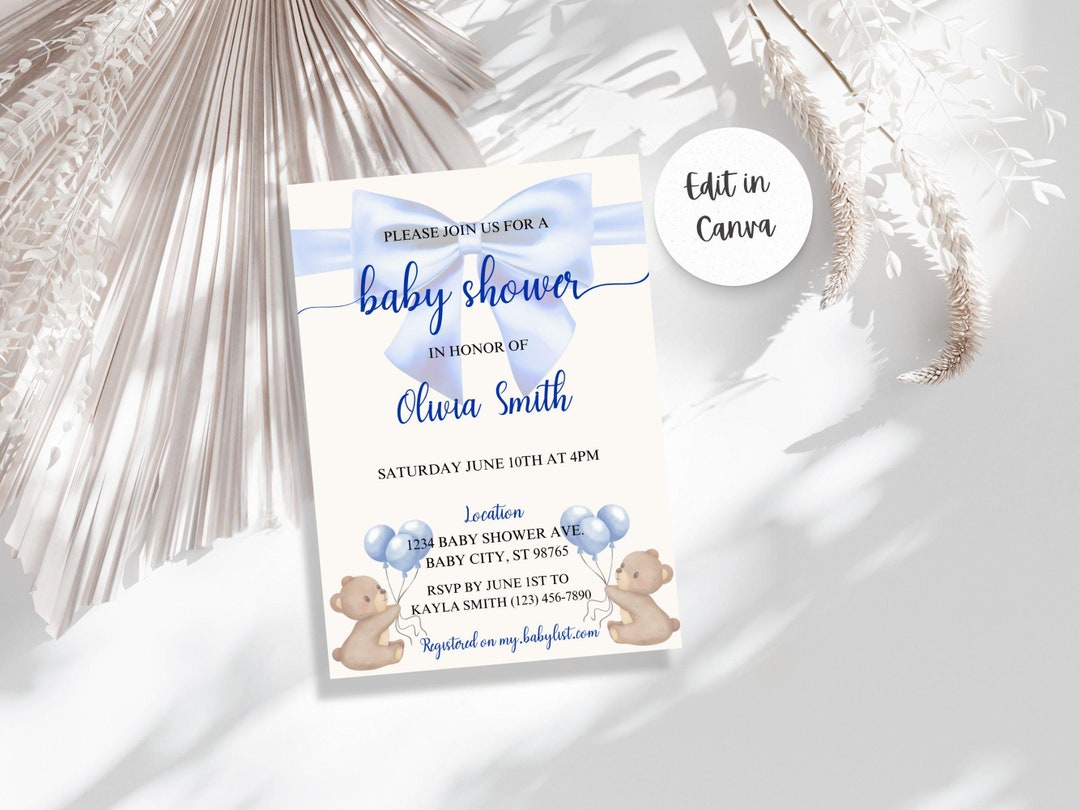 Editable Blue Bow Baby Shower Invitation, Blue Ribbon Baby Shower, Boy ...
