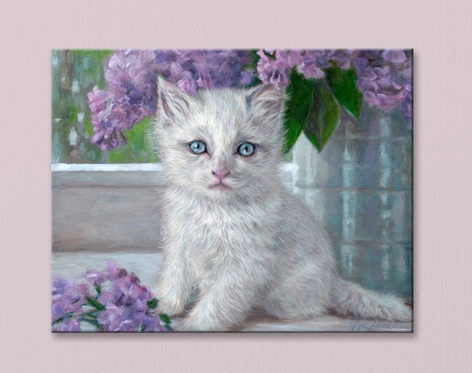 White Cat Print With Flowers White Kitten Wall Art Cat Illustration ...